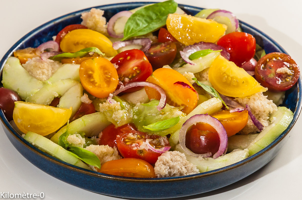 Photo de recette de salade de tomates, concombre, panzanella, recette ...